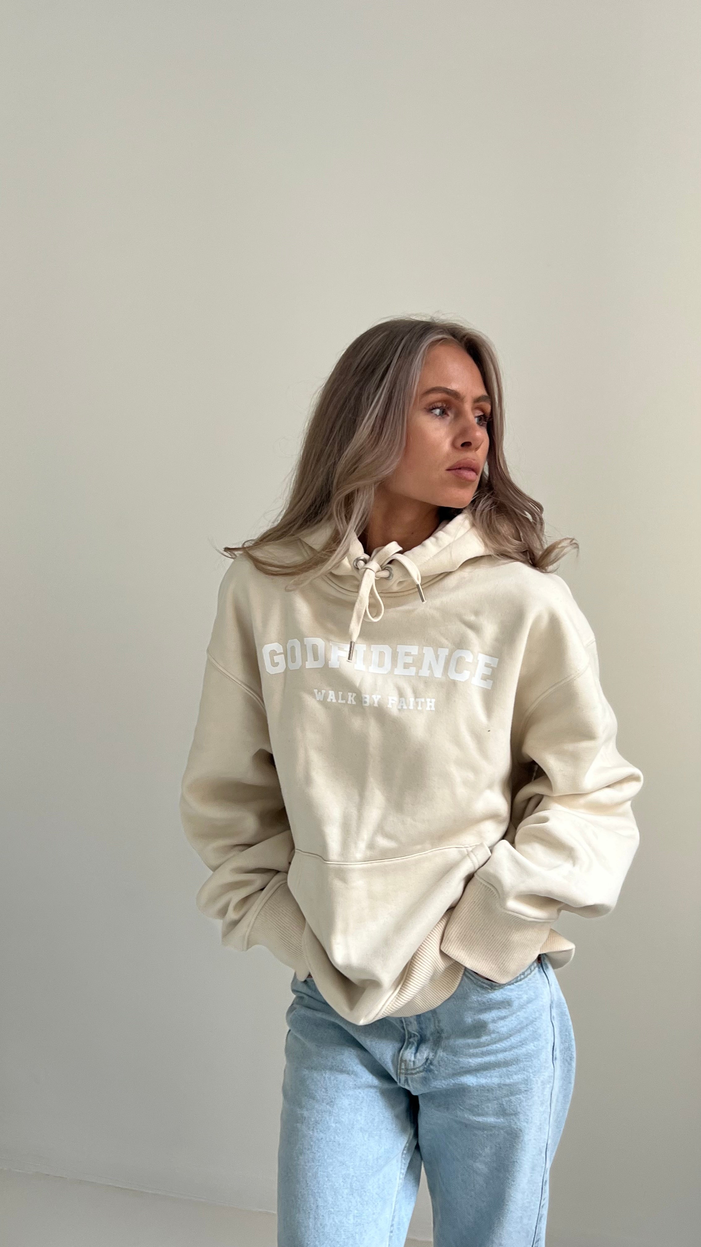 GODFIDENCE WALK BY FAITH BEIGE/BLAU HOODIE – Godfidence wear